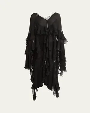 Chloé Chloe Tiered Ruffle Silk Mousseline Asymmetric Dress - Black