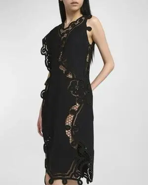 Bottega Veneta Floral Cutwork Embroidered Shift Dress - Blue/black