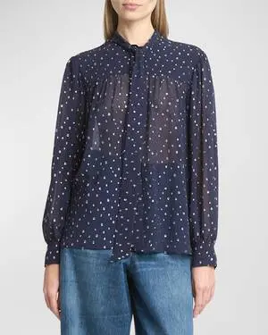Chloé Metallic Dot Silk Neck-Tie Top - Navy