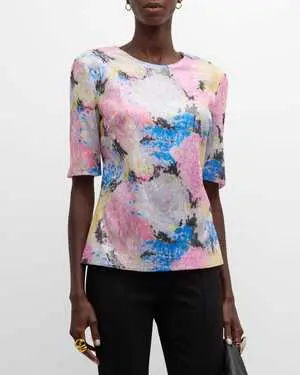 Rosetta Getty Floral Sequin Mesh Fitted T-shirt