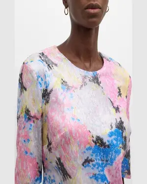 Rosetta Getty Floral Sequin Mesh Fitted T-shirt