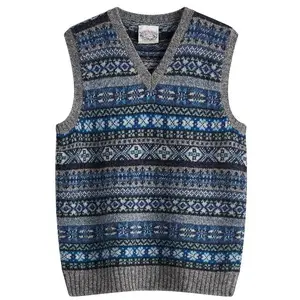 JAMIESON'S OF SHETLAND Fair Isle V-neck Vest - Slate/granite