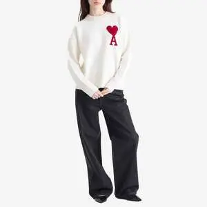 Ami Adc Crew Knit Sweater - Off White/red