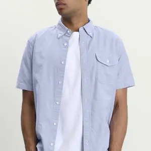 BEAMS Button Down Short Sleeve Oxford Shirt - Sax