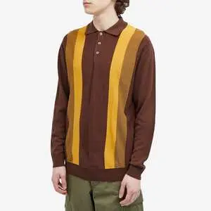 BEAMS 12g Stripe Knit Long Sleeve Polo Shirt