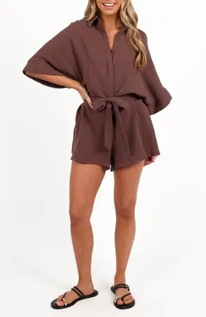 PETAL & PUP Jemmy Tie Waist Cotton Gauze Romper - Chocolate Brown