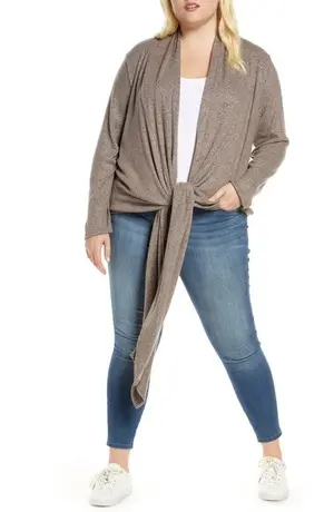 Loveappella Multi Wear Tie Front Draped Cardigan - Mocha