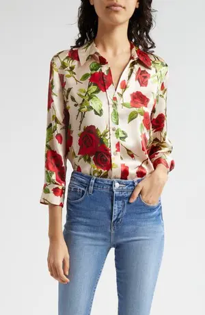 L'Agence Rose Print Silk Shirt Sand/red Romantic Rose