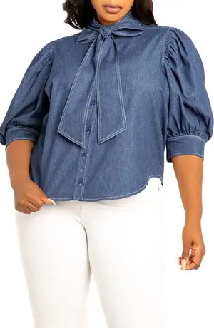 BUXOM COUTURE Bow Neck Denim Shirt