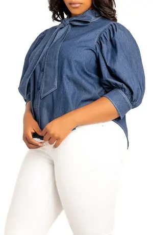 BUXOM COUTURE Bow Neck Denim Shirt