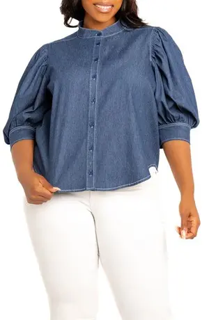 BUXOM COUTURE Bow Neck Denim Shirt
