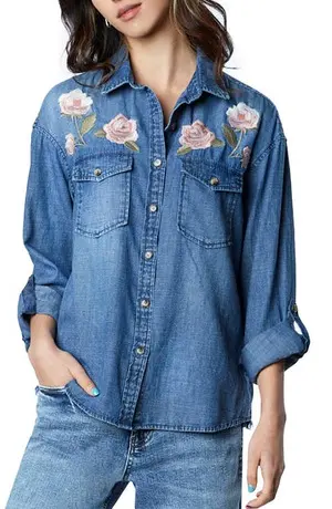 BILLY T Rose Embroidered Shirt - Denim