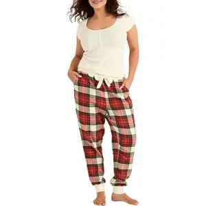 ADORE ME Caileigh Pajama T-shirt & Jogger Set - Plaid Beige