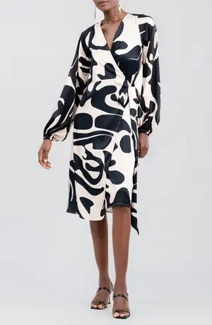 DIARRABLU Lala Long Sleeve Midi Wrap Dress - Black