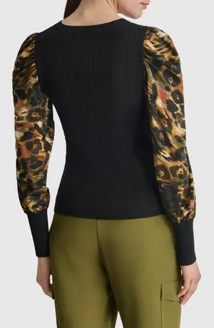 Dkny Rib Puff Shoulder Sweater - Black/autumn Mix Animal