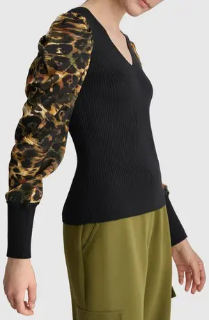 Dkny Rib Puff Shoulder Sweater - Black/autumn Mix Animal