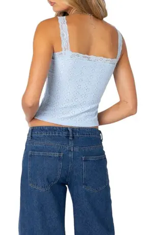 EDIKTED Virginia Lace Trim Eyelet Tank Top - Light-blue