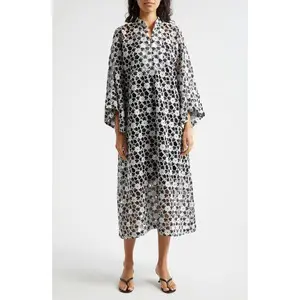 La Vie Style House Cutout Floral Lace Cover-up Caftan - Black White