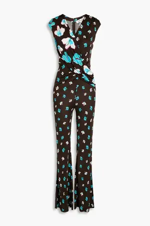 Diane Von Furstenberg Danella Wrap-effect Floral-print Jersey Jumpsuit - Dark Brown