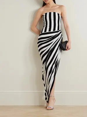 Balmain Strapless Asymmetric Draped Striped Jersey Gown