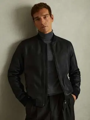 REISS Reiss Cast Grained Leather Bomber Jacket Black