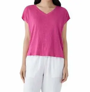 Eileen Fisher V Neck Square Tee Top In Geranium - Pink
