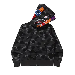 A BATHING APE Color Camo Tiger Shark Wide Full Zip Double Hoodie Black