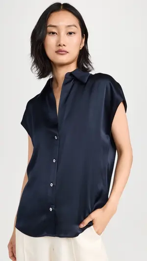 Vince Cap Sleeve Silk Satin Blouse - Coastal