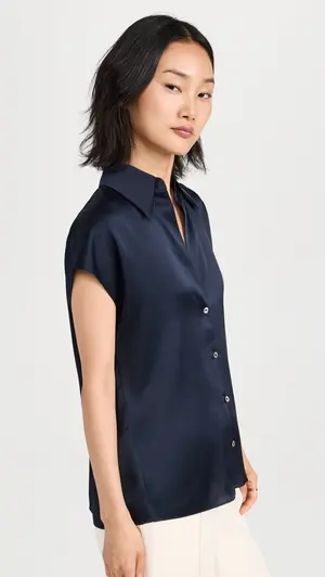 Vince Cap Sleeve Silk Satin Blouse - Coastal