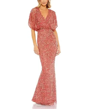 Mac Duggal Draped Sleeve Sequined V-neck Gown - Paprika