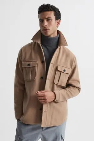 REISS Liam Wool Blend Brushed Overshirt Camel