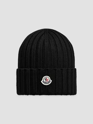 Moncler Wool Ribbed Knit Logo Beanie - Black
