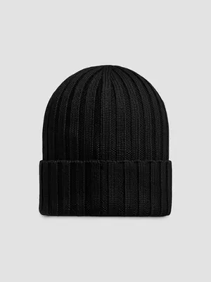 Moncler Wool Ribbed Knit Logo Beanie - Black