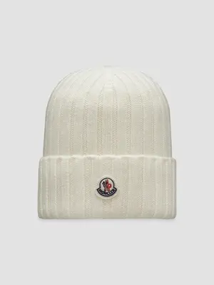 Moncler Wool Ribbed Knit Logo Beanie White Multi