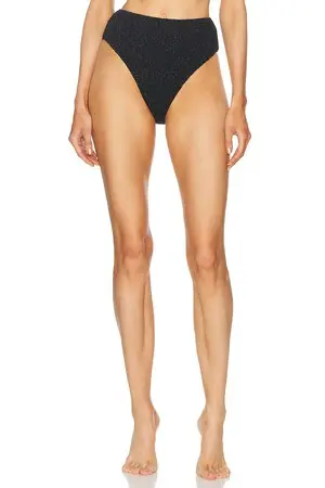 PatBO Metallic Jacquard High-waist Bikini Bottom - Black