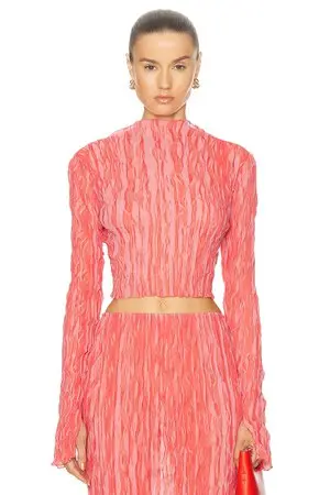 Lapointe Pleated Georgette Long Sleeve High Neck Top