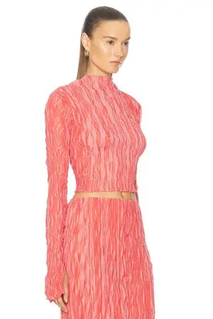 Lapointe Pleated Georgette Long Sleeve High Neck Top