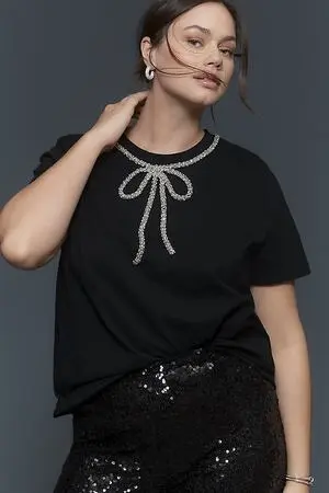English Factory Rhinestone Bow Tee - Black