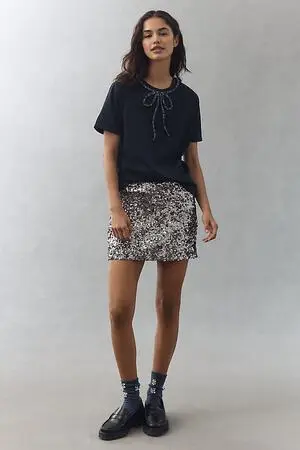 English Factory Rhinestone Bow Tee - Navy