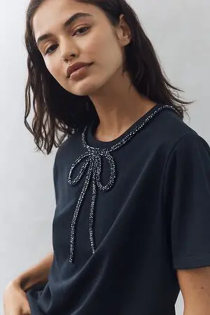 English Factory Rhinestone Bow Tee - Navy