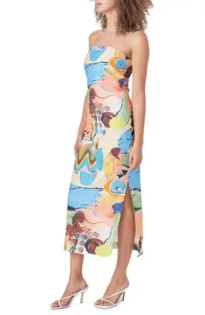 Endless Rose Abstract Print Strapless Dress - Beige Multi