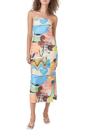 Endless Rose Abstract Print Strapless Dress - Beige Multi