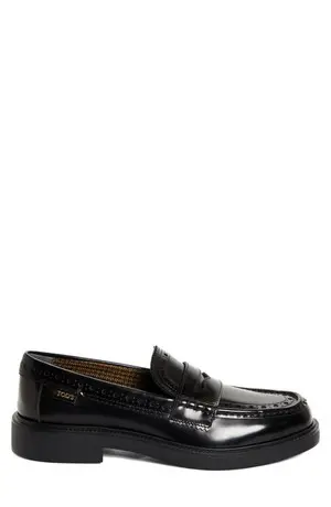 TOD'S Brogued Leather Penny Loafer - Nero