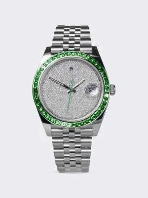 PRIVATE LABEL LONDON Pavé Diamond And Green Sapphire Datejust Watch - 41mm