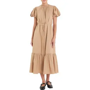 English Factory Puff Sleeve Tie Belt Midi Dress - Camel