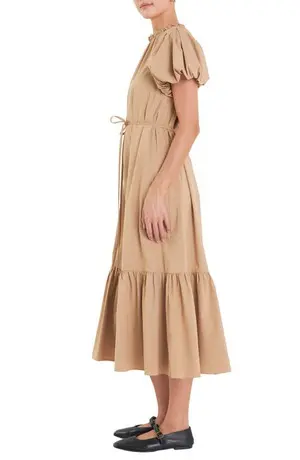 English Factory Puff Sleeve Tie Belt Midi Dress