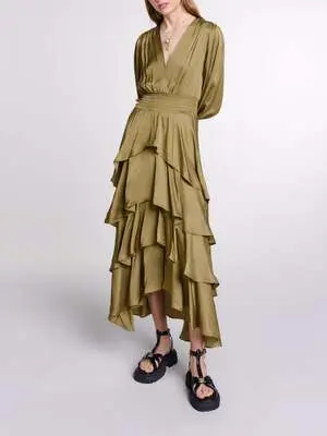 Maje Viscose Tiered Maxi Dress - Khaki