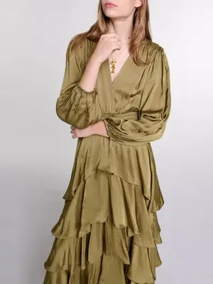 Maje Viscose Tiered Maxi Dress - Khaki