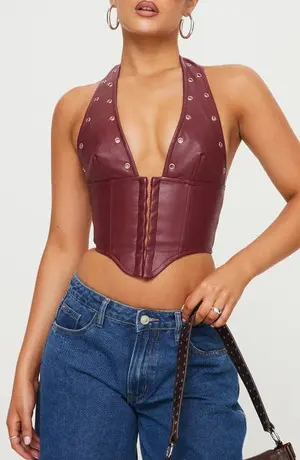 Princess Polly Palladia Jordy Faux Leather Corset Halter Top - Dark Red