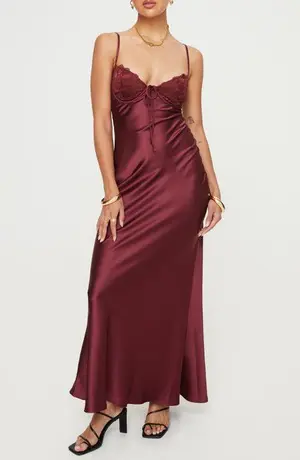 Princess Polly Fadyen Bias Cut Satin Maxi Dress - Dark Red